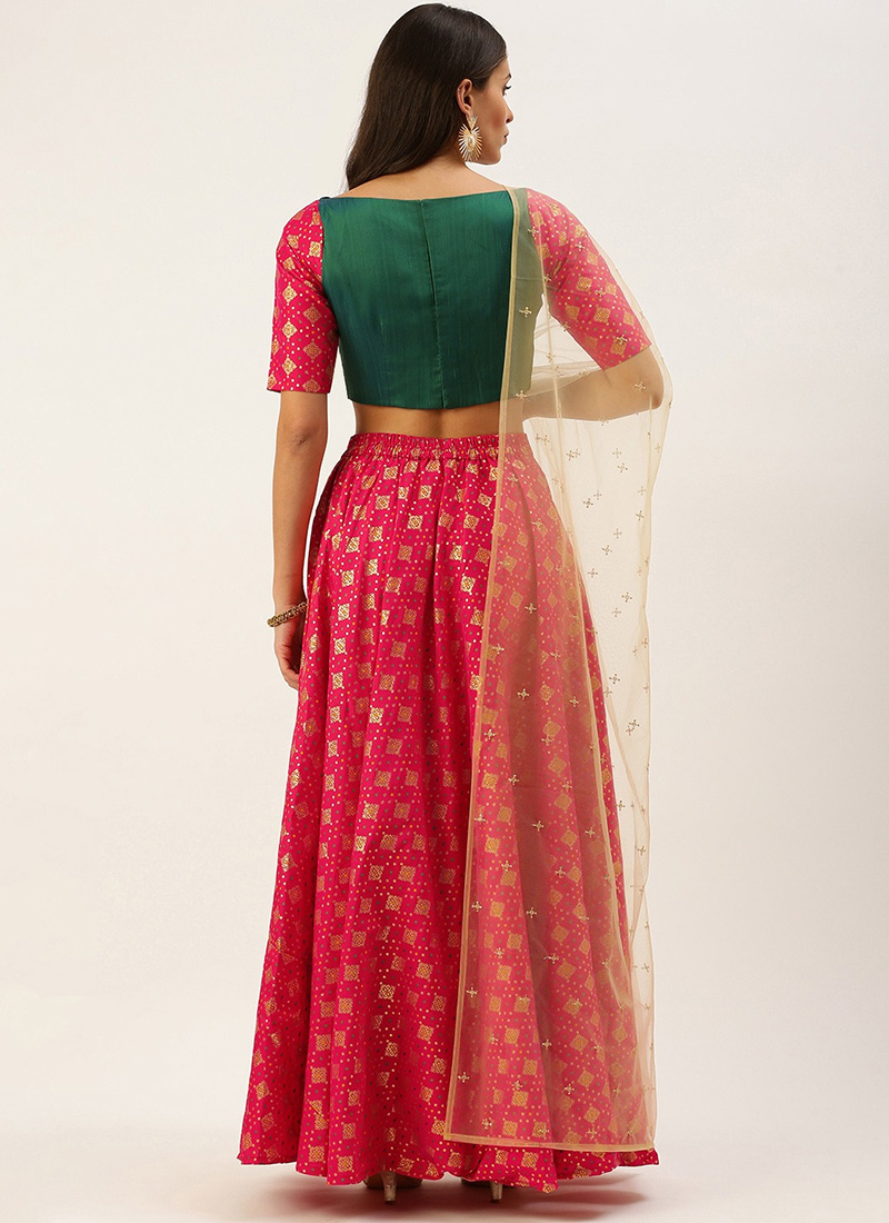 Shop Red Jacquard N Green Zero Shoulder Lehenga Set Party Wear Online ...