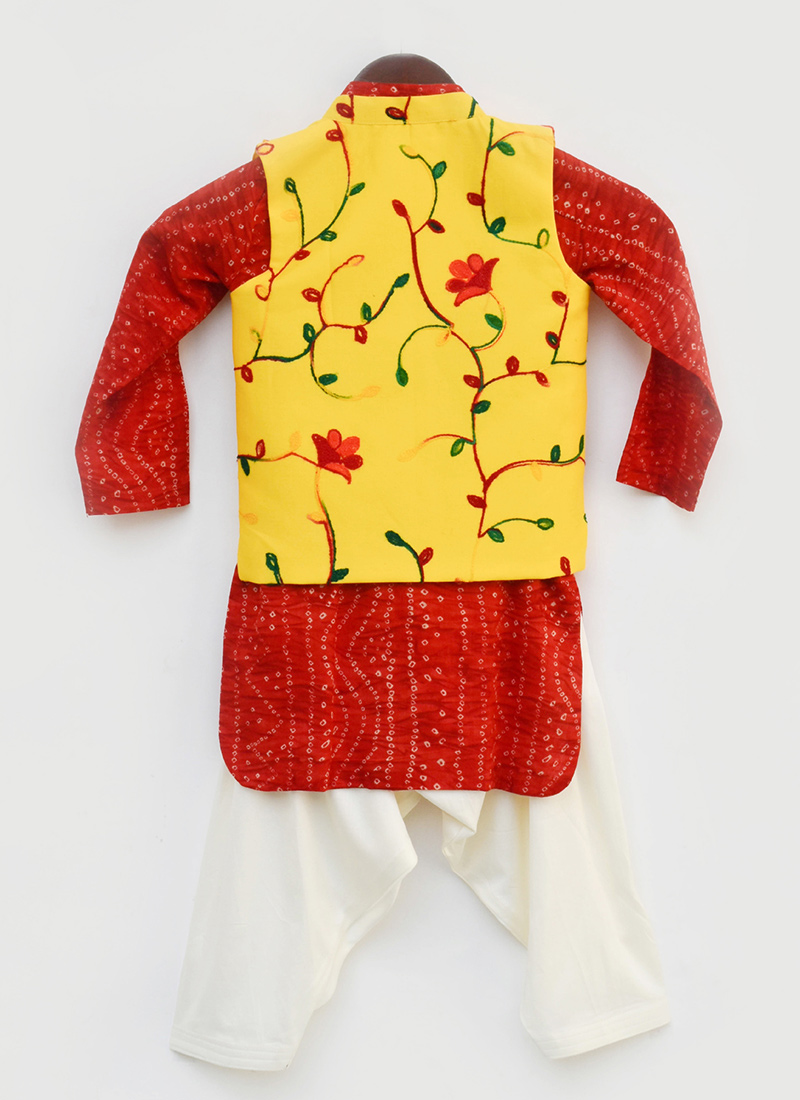 Shop Red N Yellow Cotton Silk Bandhini Bandi Set in UK - Cbazaar