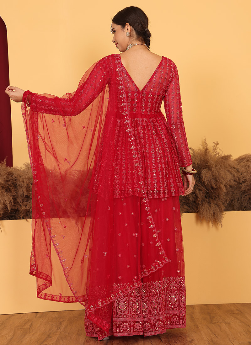 Shop Red Net Embroidered Palazzo Suit Wedding Wear Online at Best Price ...
