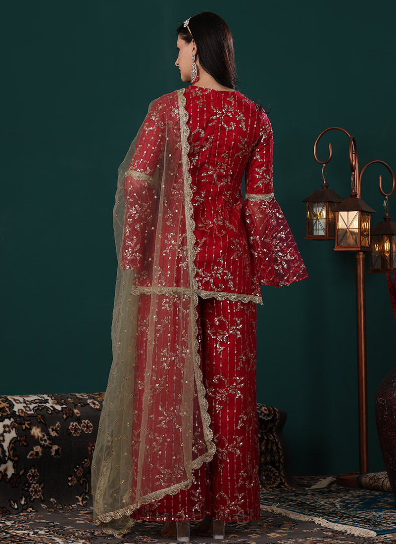 Shop Red Net Embroidered Palazzo Suit Festive Wear Online at Best Price ...