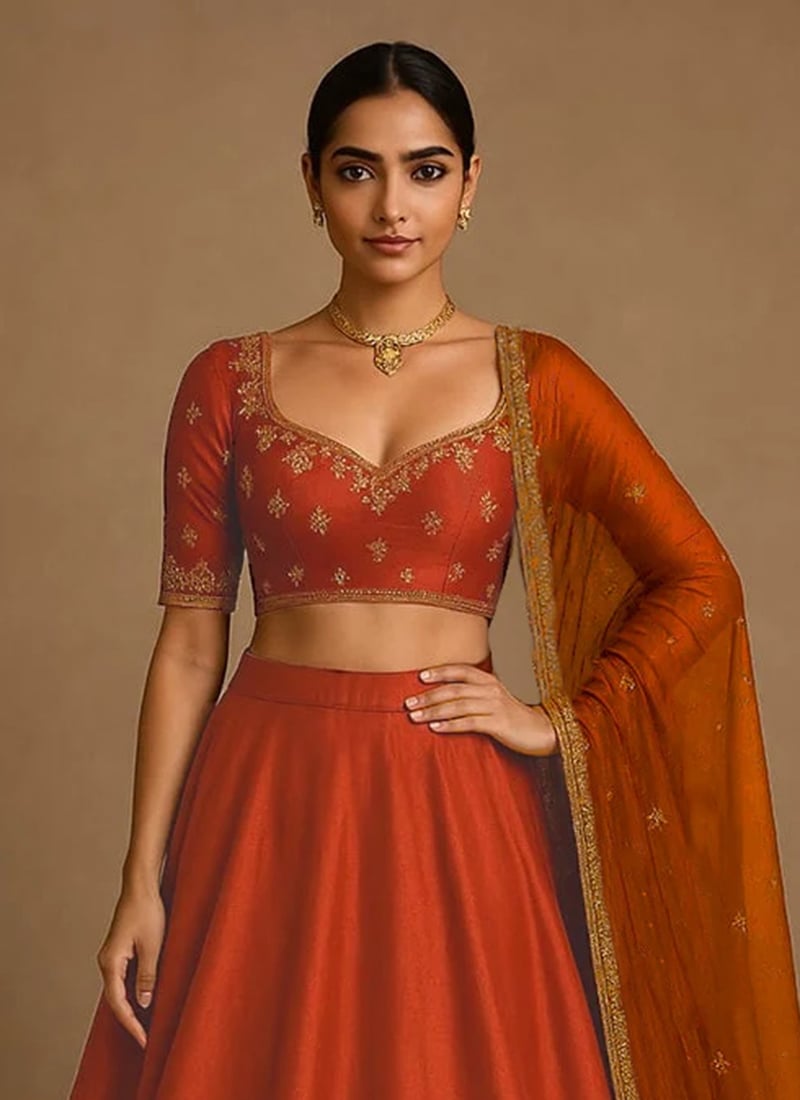 Buy Rust Silk Lehenga With Zari Sequins Hand Embroidered Choli And ...