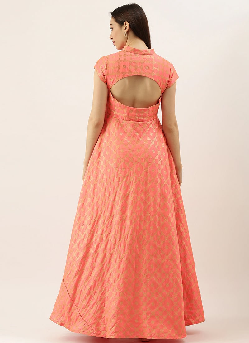 Buy Saffron Brocade Collar Neck Gown Festive Wear Online at Best Price ...