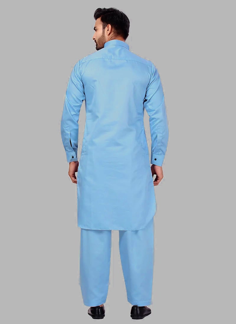 Shop Sky Blue Fine Poly and Cotton Pathani Set Party Wear Online at ...