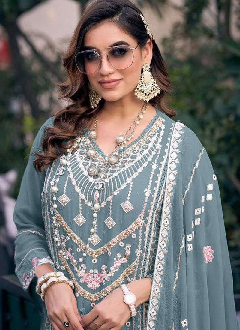 Shop Sky Blue Georgette Straight Pant Suit With Dupatta And Embroidery ...