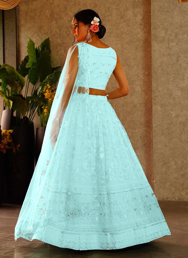Buy Timeless Sky Blue Net Zari Embroidered Sequins Lehenga Wedding Wear ...