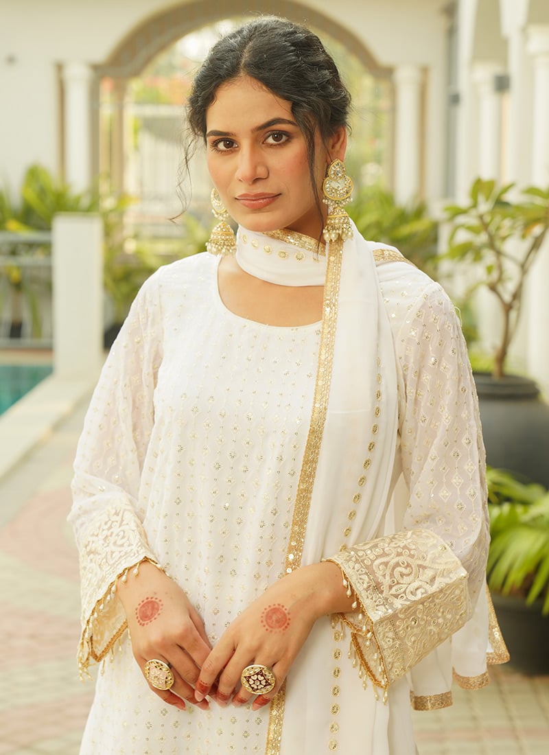 Shop White Georgette Sequins Palazzo Suit Festive Wear in CA - Cbazaar