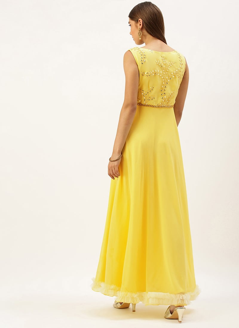 Buy Yellow Embroidered Boat Neck Gown Festive Wear Online at Best Price ...