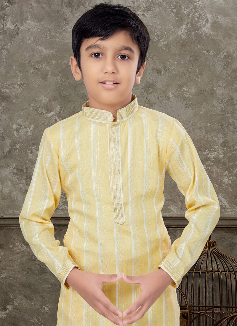 Buy Yellow Off White Blended Cotton Kids Boys Kurta Pyjama Party Wear ...