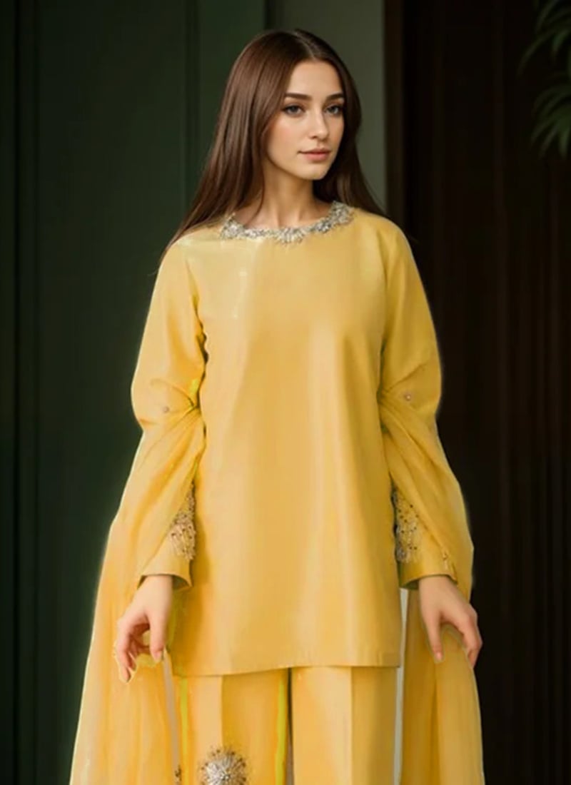 Buy Yellow Silk Moti And Cutdana Hand Embroidered Palazzo Suit Festive ...
