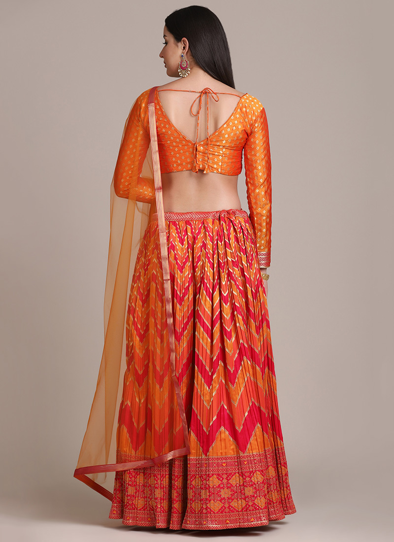 Buy A Line Lehenga Mustard Jacquard Print Silk Zari Woven Lace Border ...