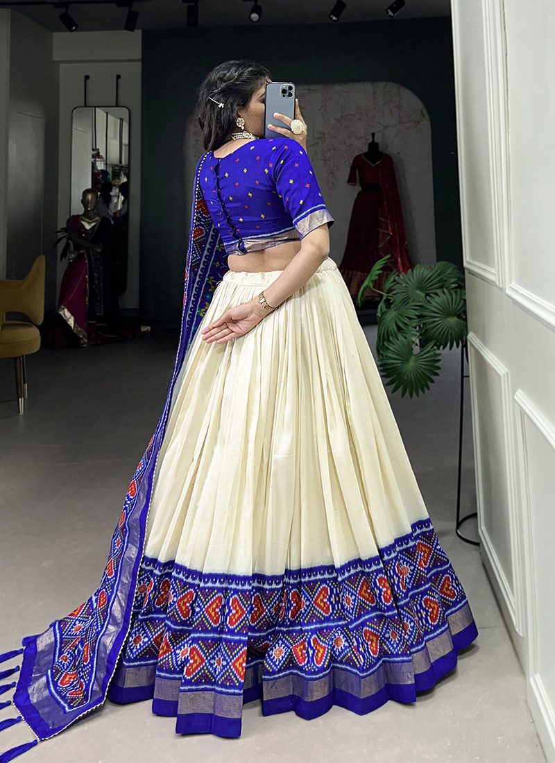 Buy Alluring Cream Tussar Silk Patola Print Lehenga Festive Wear Online at Best Price | Cbazaar
