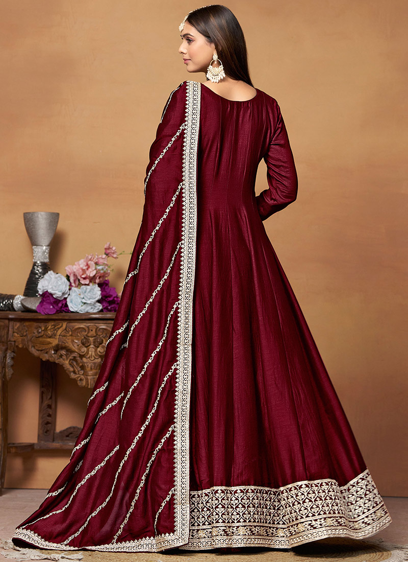 Shop Anarkali Suit Indian Women In Maroon Silk Embroidered Sequins And Dupatta Party Wear Online ...