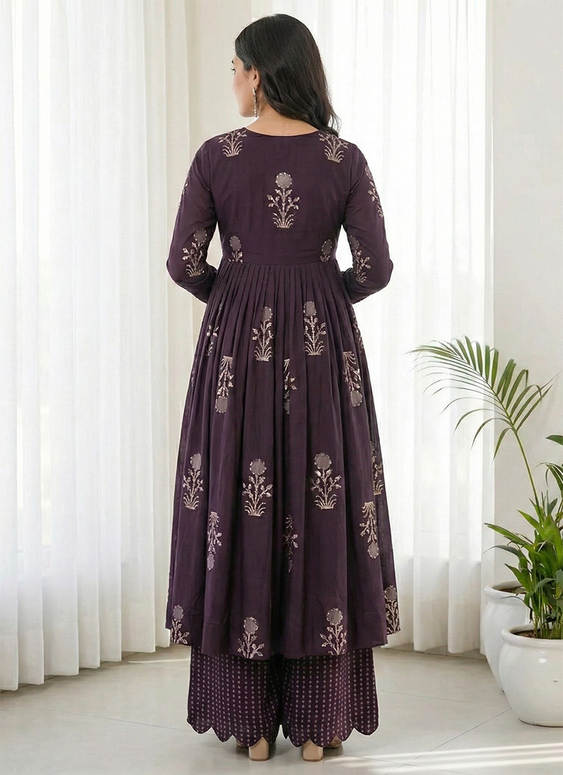 Shop Angarkha Style Anarkali Suit With Dupatta In Wine Muslin Printed ...