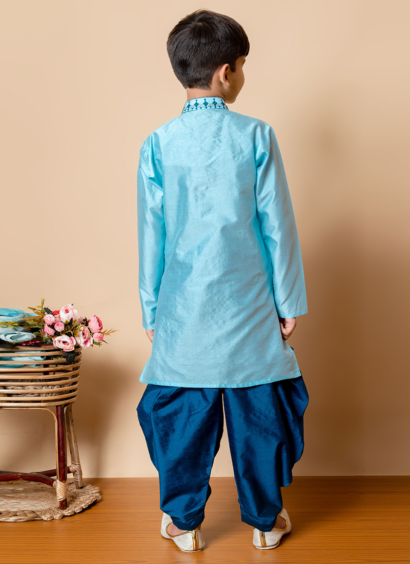 Buy Aqua Blue Embroidered Dupion Silk Kids Dhoti Style Kurta Pyjama Party Wear Online at Best ...