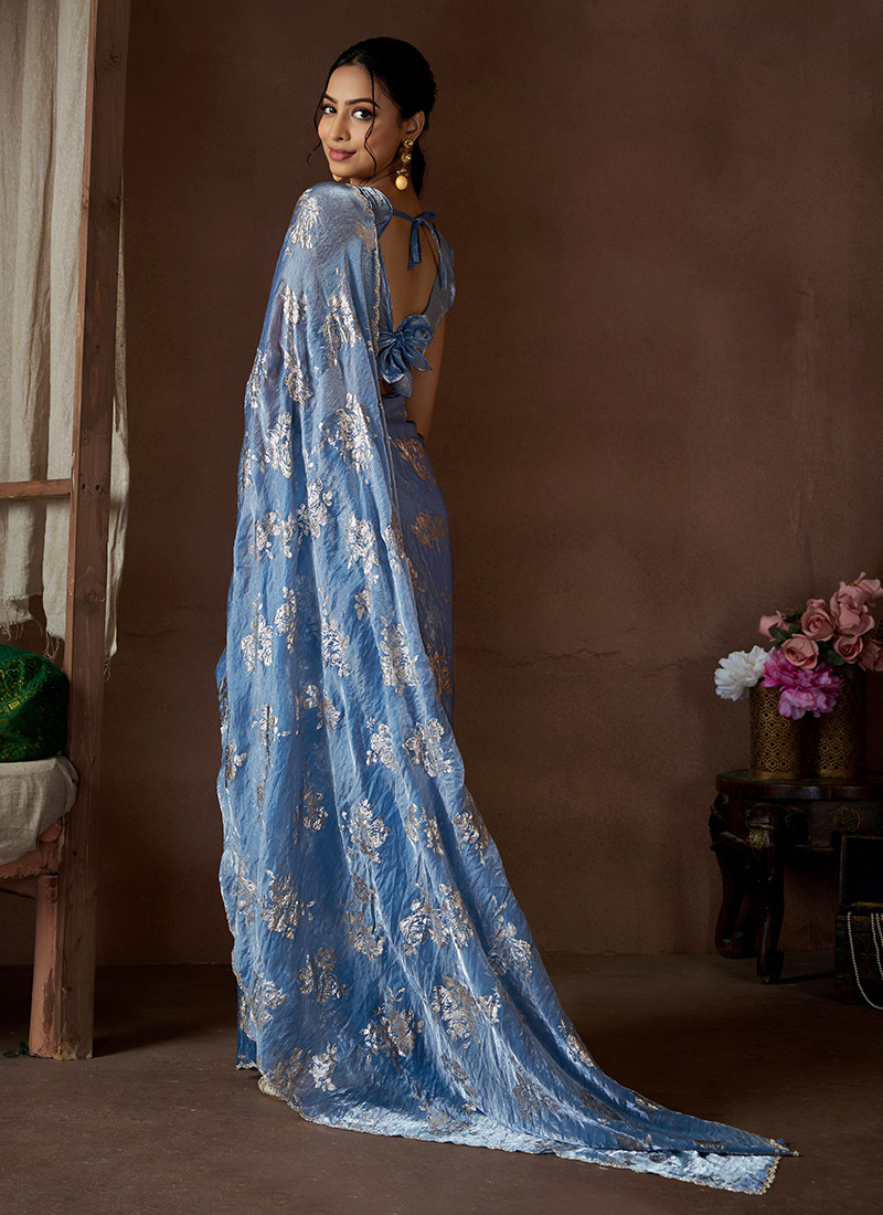 Buy Aqua Blue Satin Silk Foil Print Stone Work Saree Festive Wear ...