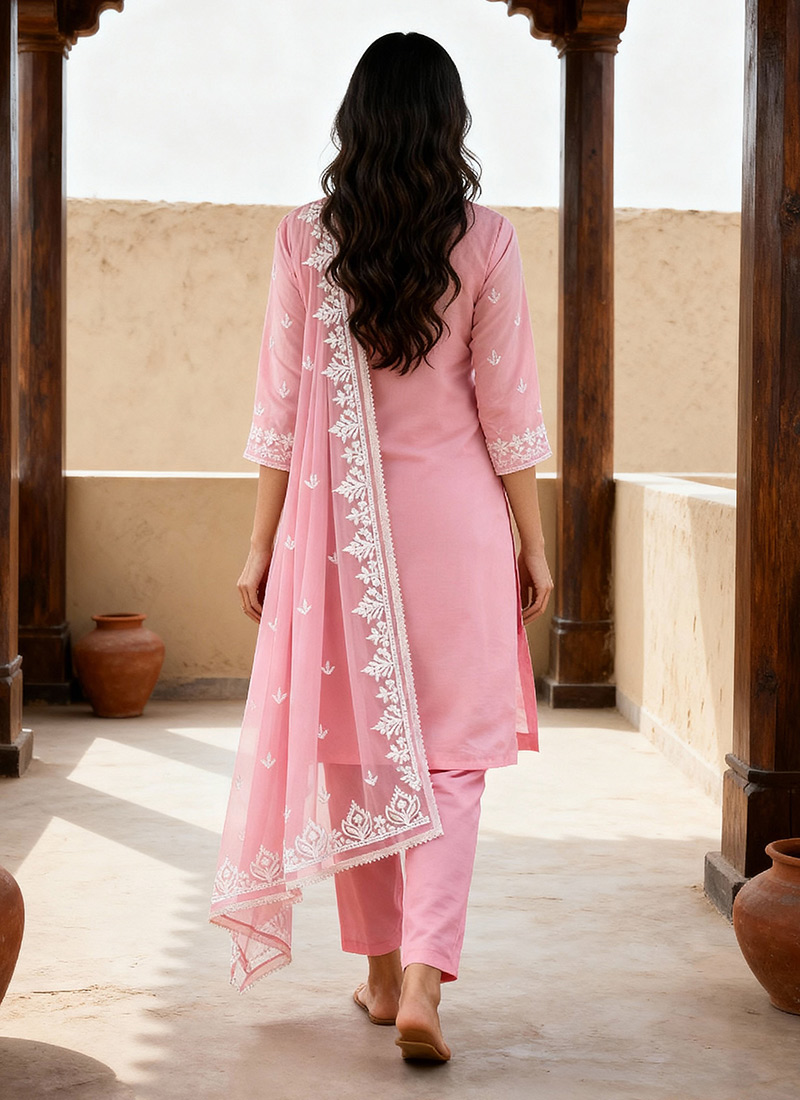Buy Baby Pink Roman Silk Embroidered Straight Pnt Suit After Six Wear ...