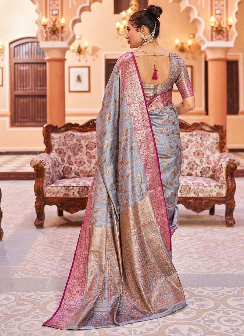 Shop Banarasi Silk Zari Woven Grey Saree Festive Wear Online at Best ...