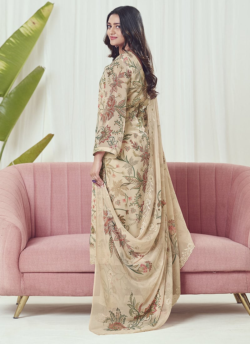 Buy Beige Georgette Digital Print Embroidered Sequins Straight Pant ...