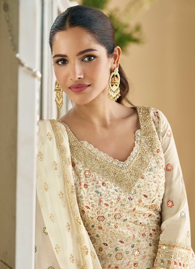 Shop Beige Georgette Embroidered Sequins Stone Work Palazzo Suit ...