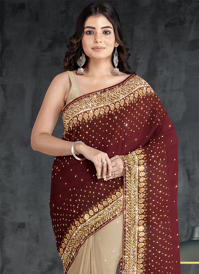 Buy Beige Georgette Hand Work Half N Half Saree Party Wear Online at ...