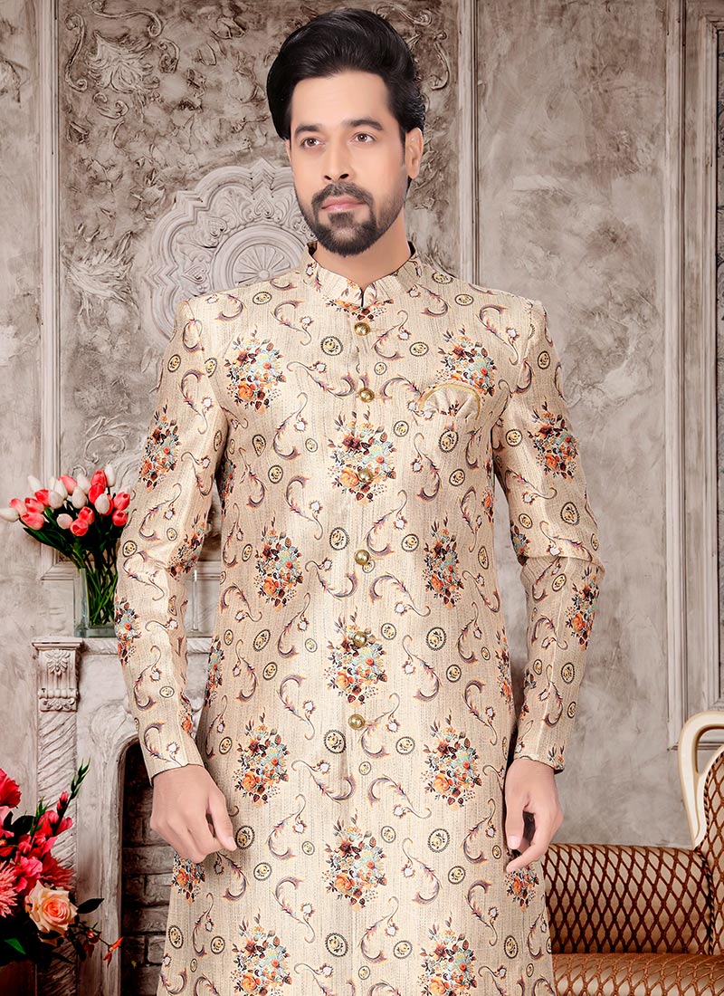Shop Beige Jacquard Silk Digital Printed Classic Sherwani Wedding Wear ...