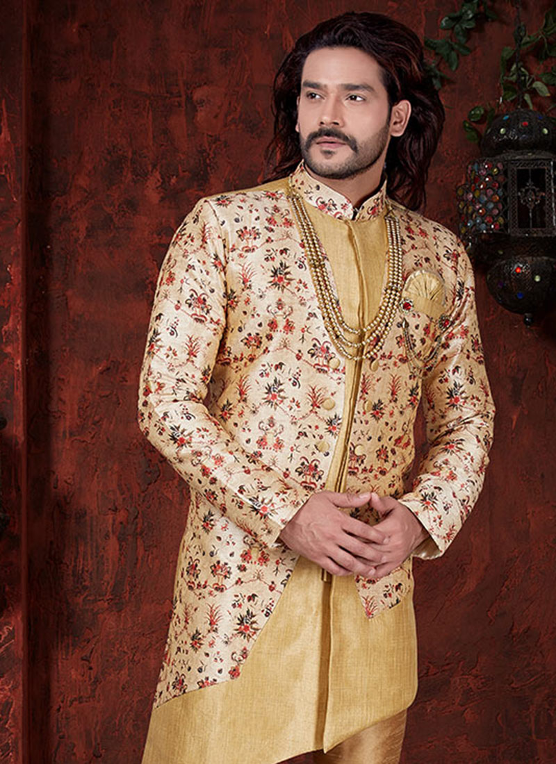 Shop Beige N Cream Jacquard Indowestern Sherwani Wedding Wear Online at Best Price | Cbazaar
