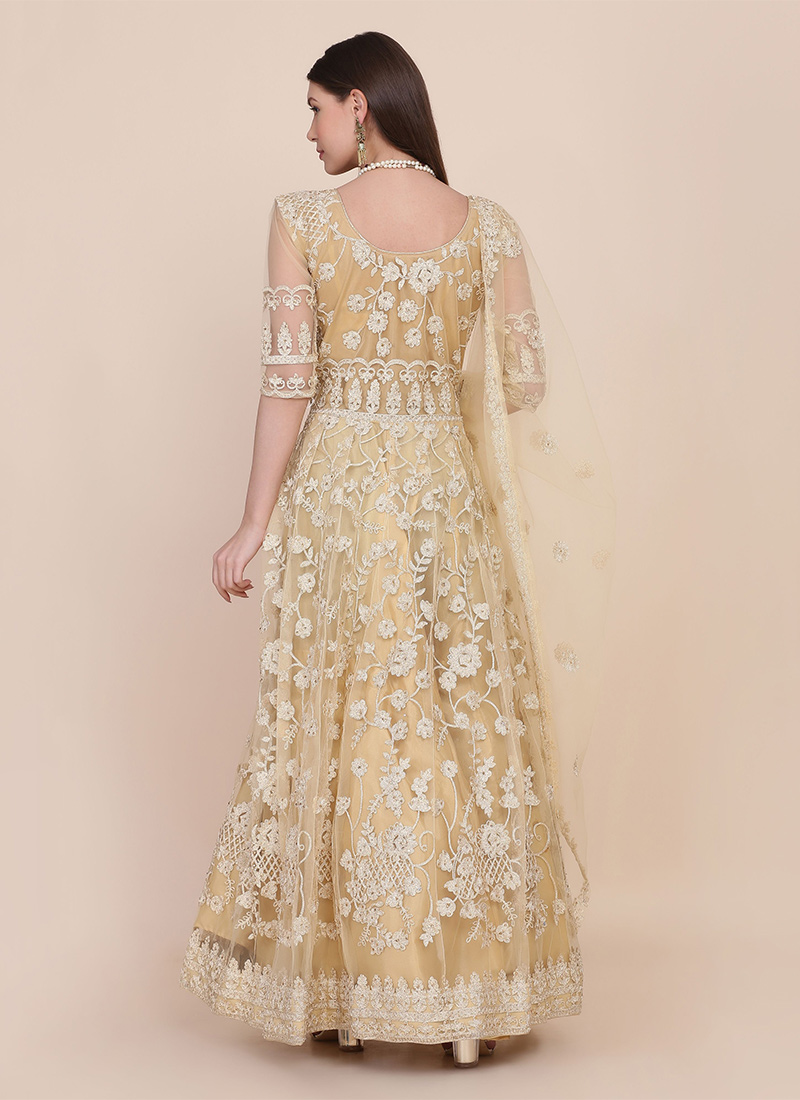 Shop Beige Net Embroidered Work Anarkali Suit Party Wear in India - Cbazaar
