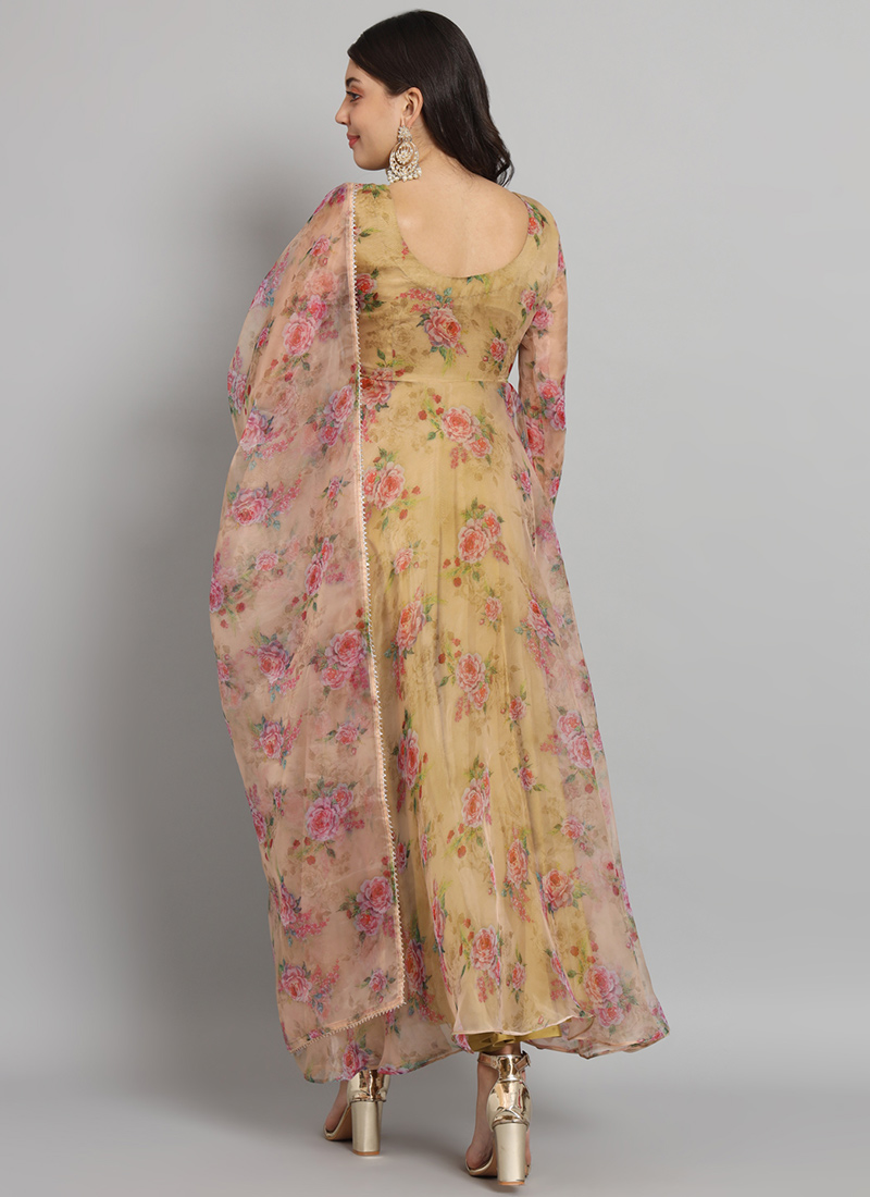 Shop Beige Organza Printed Anarkali Suit After Six Wear in India - Cbazaar