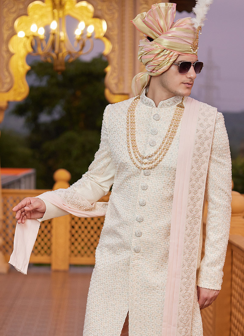 Shop Beige Silk Thread Hand Embroidered Classic Sherwani Wedding Wear ...