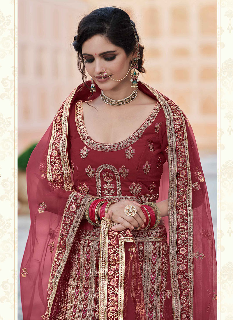Buy Berry Maroon Velvet Embroidered N Stones A Line Lehenga Wedding ...