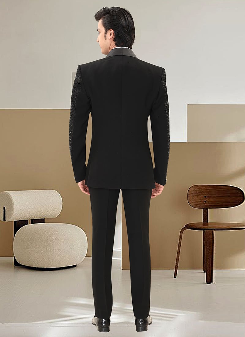 Buy Black Armani Satin Silk Stone Embellished Men Suit Wedding Wear Online at Best Price | Cbazaar
