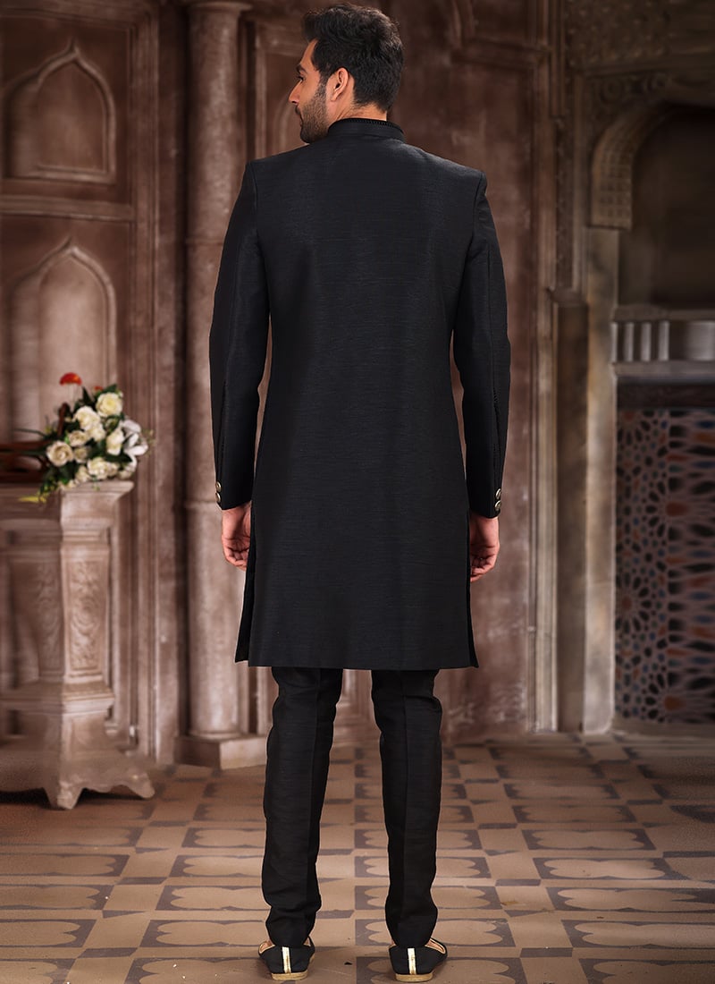 Buy Black Embroidered Art Silk Indowestern Sherwani Party Wear Online at Best Price | Cbazaar