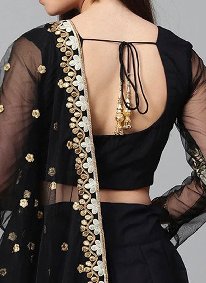 Buy Black Faux Crepe Embroidered Party Wear Semi Stitched A Line ...