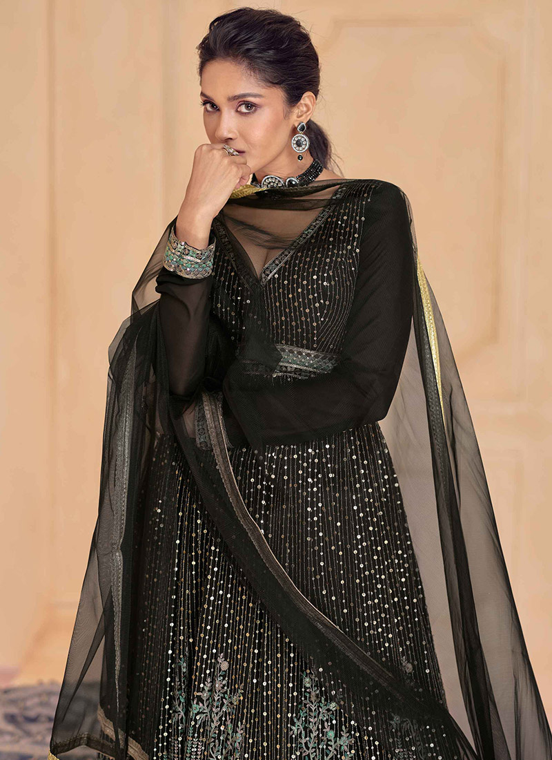 Shop Black Faux Georgette Sequins Anarkali Gown Party Wear Online at ...