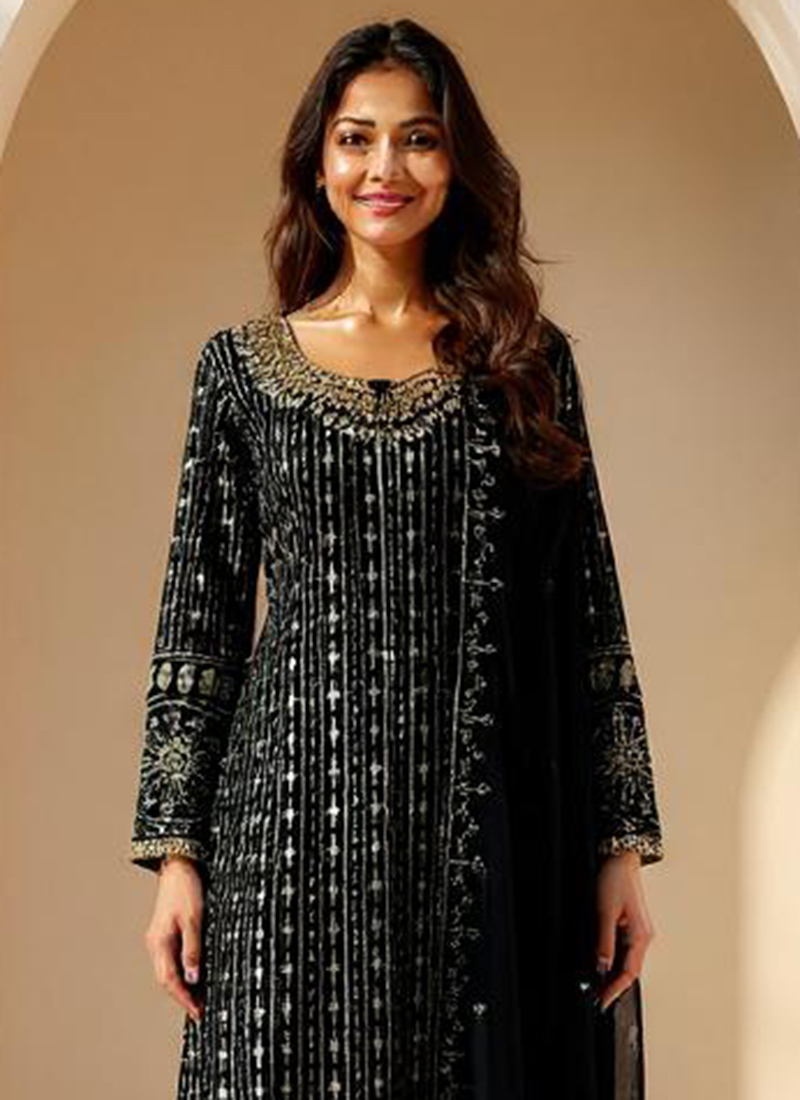 Shop Black Faux Georgette Sequins Mirror Work Straight Pant Suit Festive Wear Online at Best ...