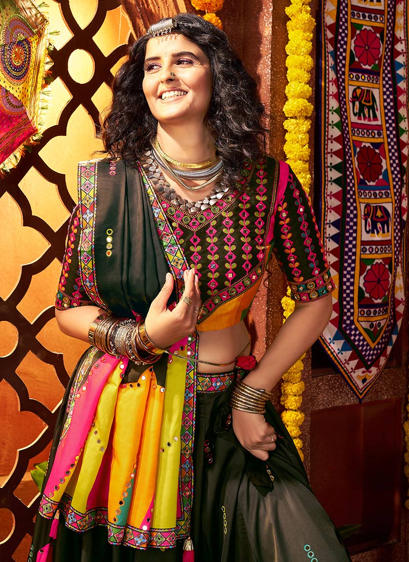 Shop Black Gajji Silk Kutch Work And Printed Chaniya Choli Festive Wear ...