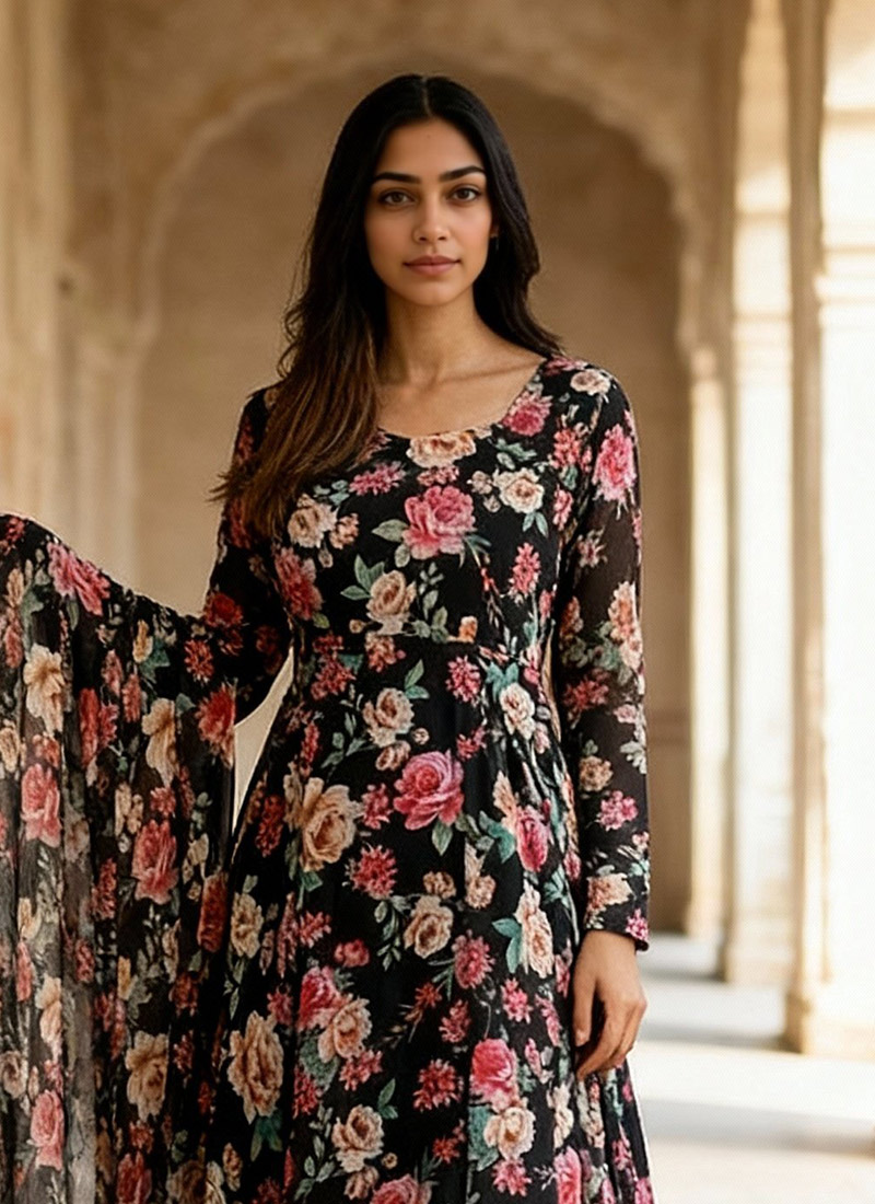 Shop Black Georgette Floral Printed Anarkali Suit After Six Wear in UK ...