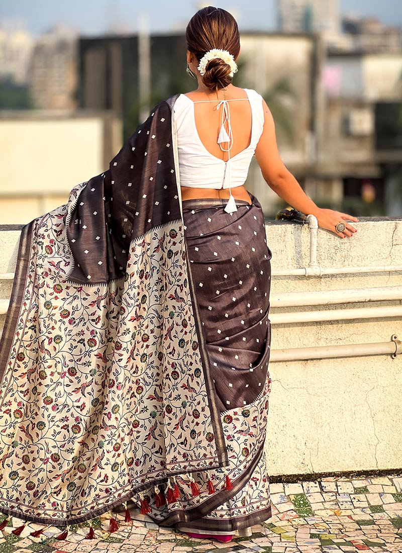 Buy Black Katki Silk Kalamkari Floral Print Saree After Six Wear Online ...