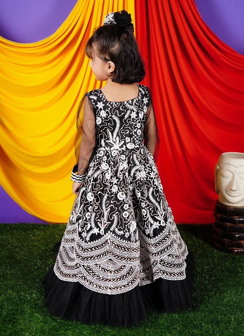 Buy Black Net Embroidered Sequins Kids Girls Stunning Gown Wedding Wear ...