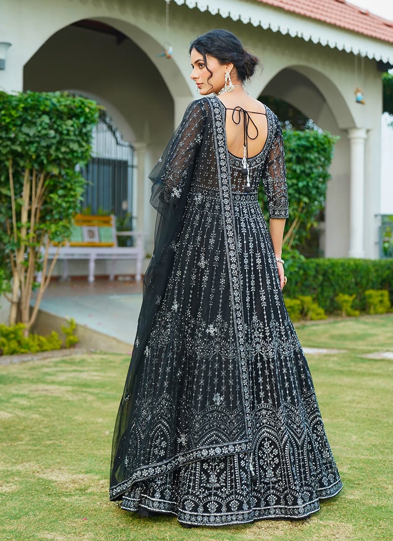 Buy Black Net Zari Embroidered Stone Work Dazzling Anarkali Suit ...