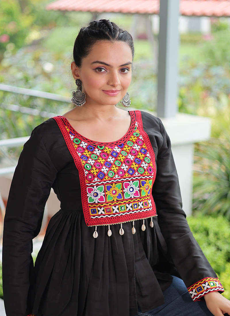 Shop Black Roman Silk Kutch Gamthi Work Tunics Festive Wear in UK - Cbazaar