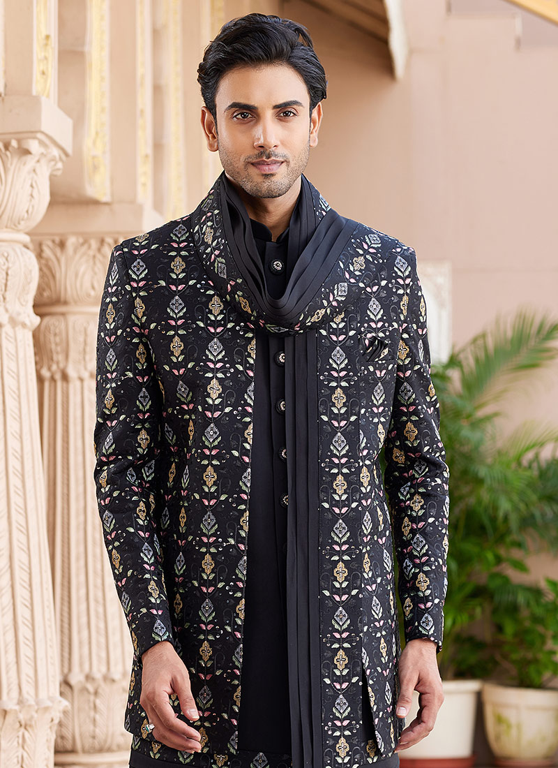 Buy Black Silk Embroidered Indowestern Sherwani Wedding Wear Online at Best Price | Cbazaar