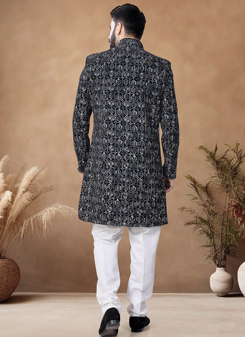 Shop Black Velvet Embroidered Thread Classic Sherwani Wedding Wear in ...