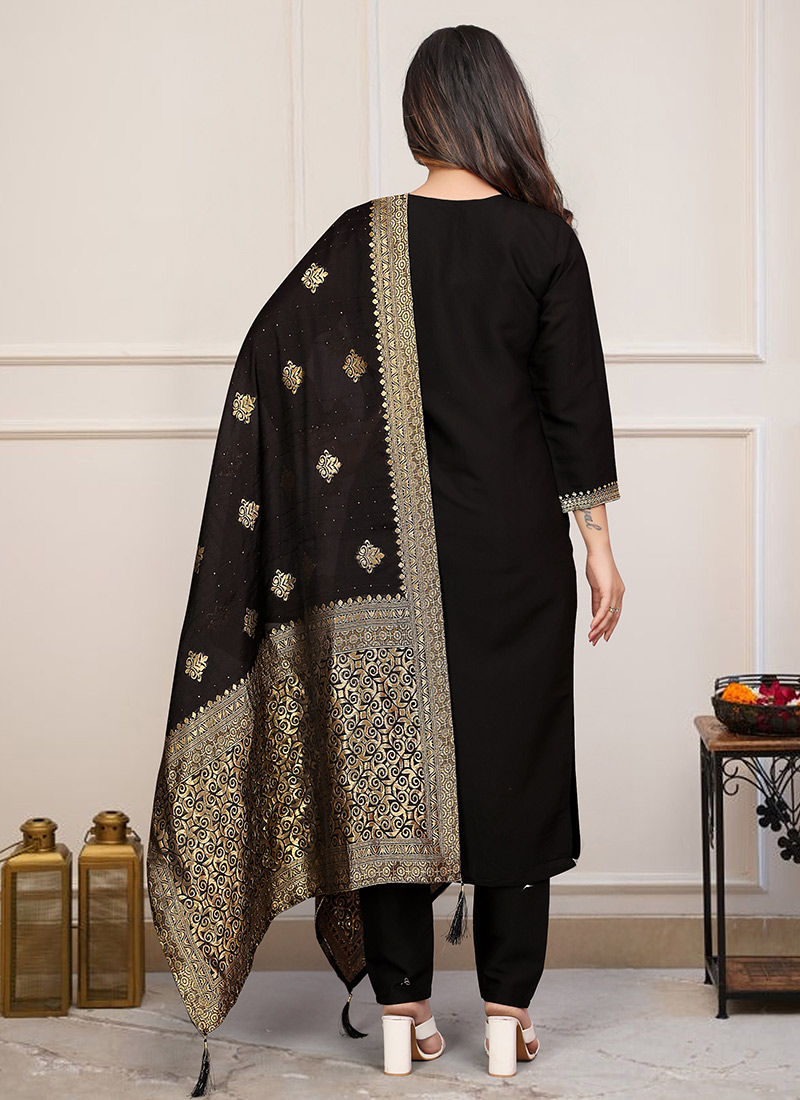 Buy Black Viscose Chanderi Embroidered Straight Pant Suit With Jacquard ...