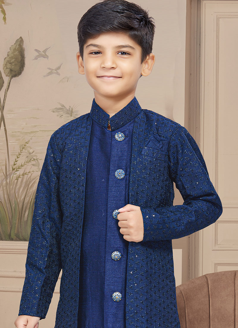 Buy Blue Art Silk Embroidered Indowestern Sherwani For Boys Festive ...