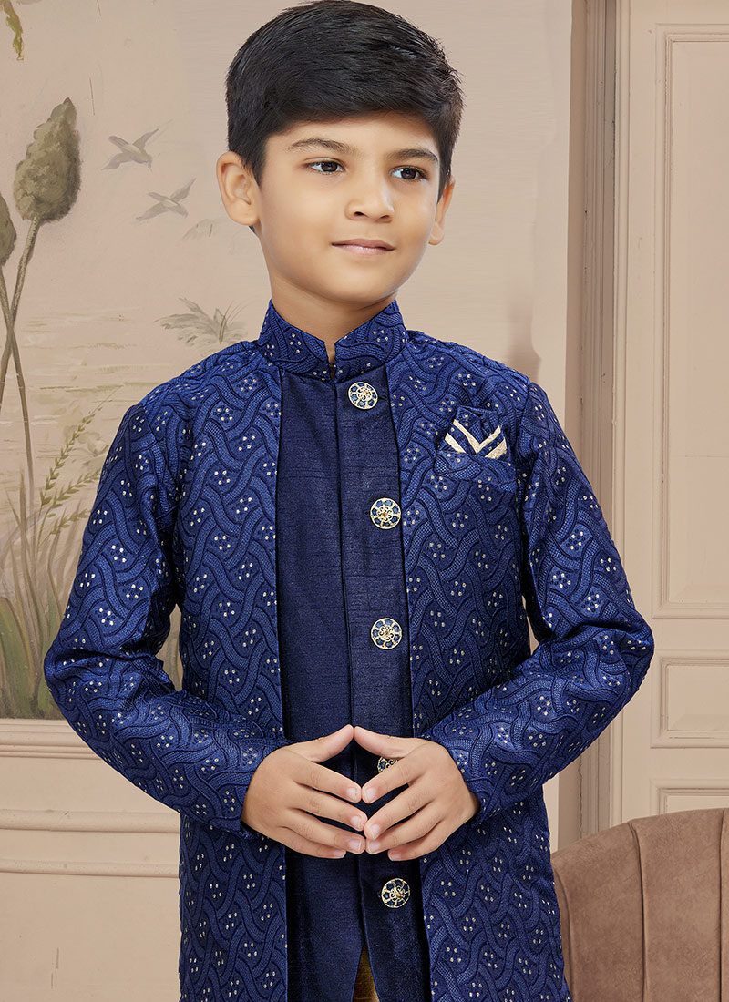 Buy Blue Art Silk Embroidered Indowestern Sherwani For Boys Festive ...