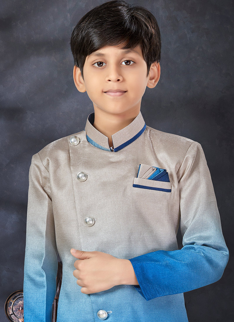 Shop Blue Art Silk Kids Boys Indowestern Sherwani Party Wear in UK ...