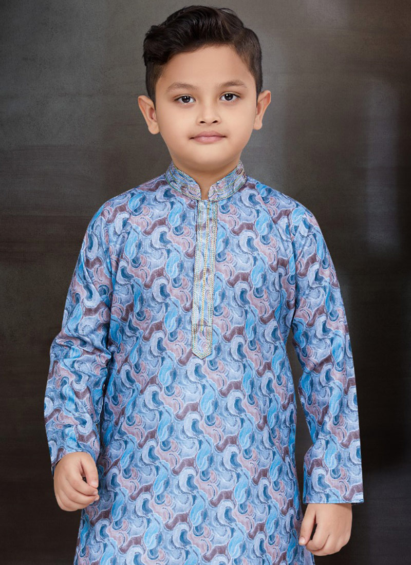 Buy Blue Blended Cotton Printed Kids Boys Kurta Pyjama Festive Wear ...