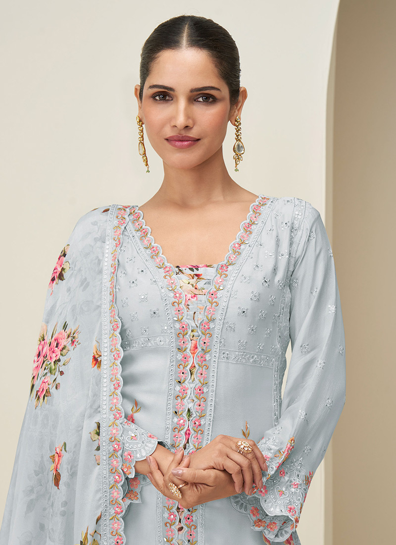 Shop Blue Chinon Silk Digital Print And Thread Embroidered Sequins ...