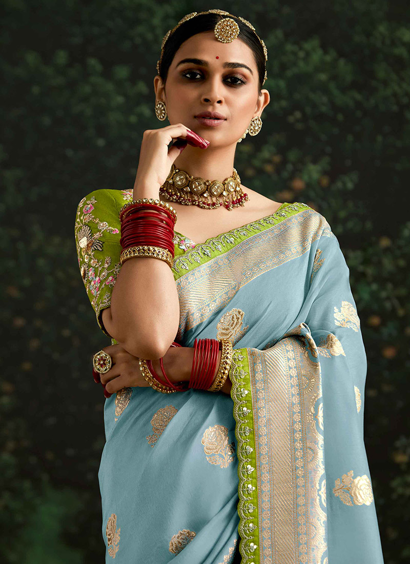 Shop Blue Embroidered And Sequins Thread Work Saree Wedding Wear Online ...